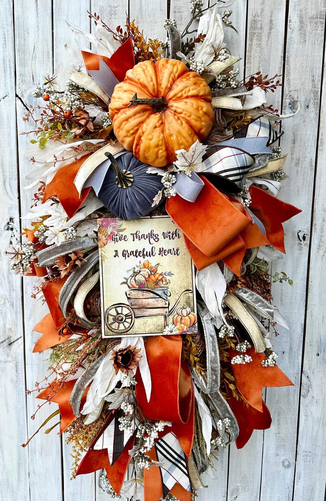 Extra Large Fall Wreath With Pumpkins, Orange Fall Swag, Blue Fall Swag ...
