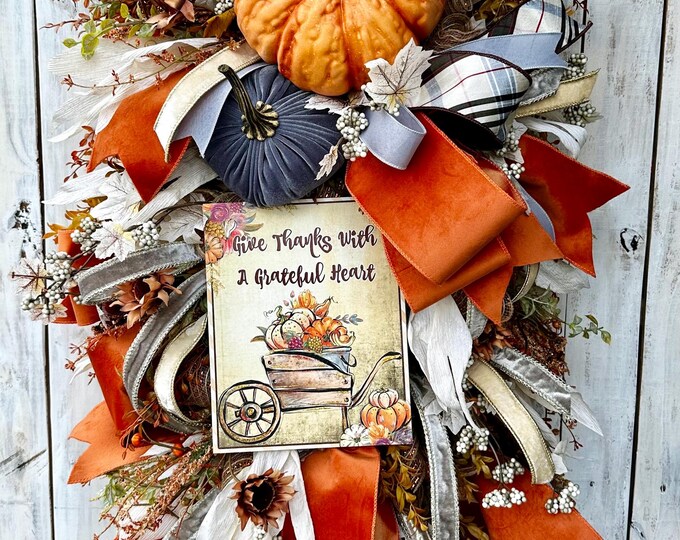 Extra Large Fall Wreath With Pumpkins, Orange Fall Swag, Blue Fall Swag ...