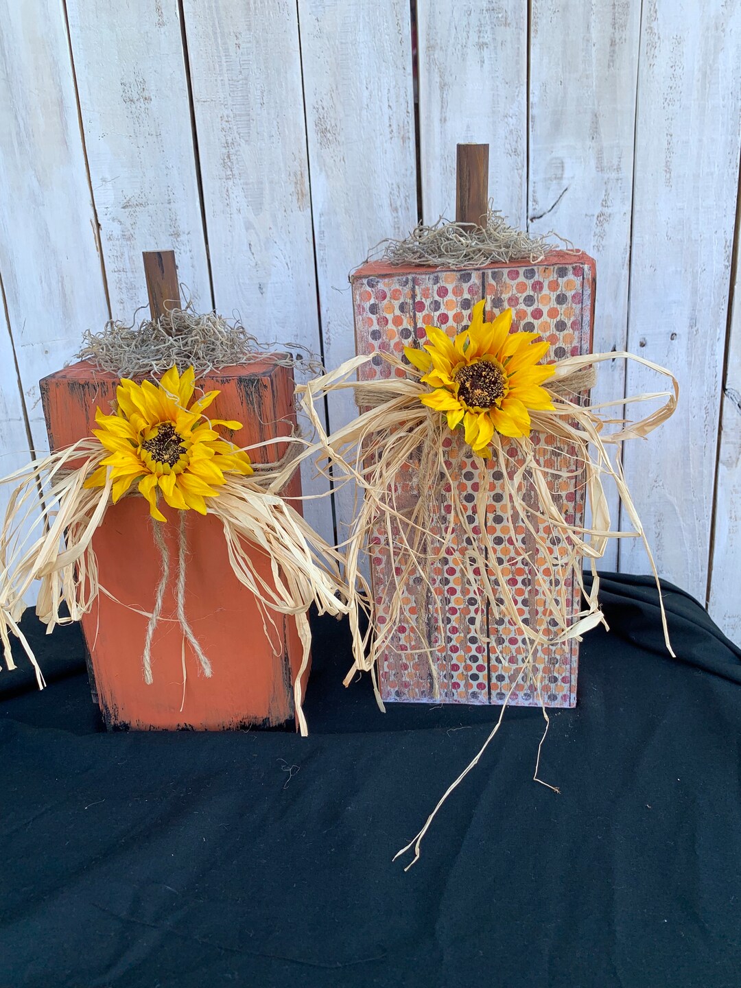 Hand Painted Wood Block Pumpkins, Decoupaged Pumpkin Shelf Sitter ...