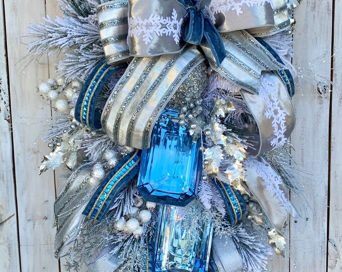 Winter Swag With Blue Gems for Front Door, Silver and Blue Winter Swag ...