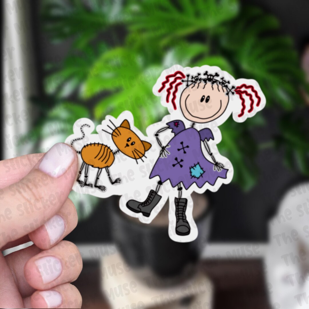 Stick Figure Vinyl Sticker, Little Girl With Her Cat, Phone Decals ...