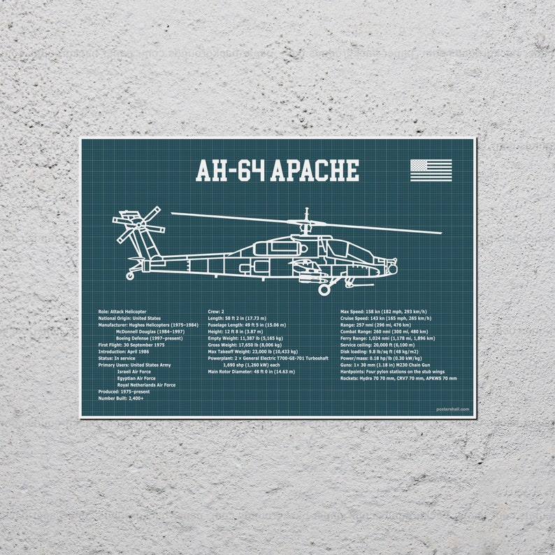 AH-64 Apache Helicopter Blueprint Wall Poster unframed - Etsy