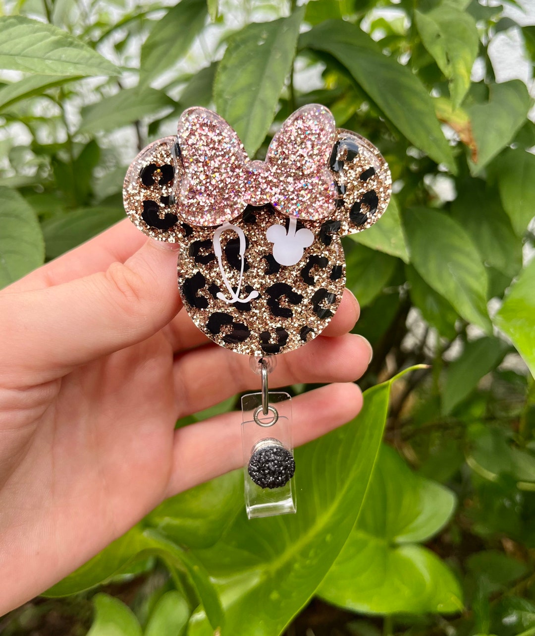 Leopard Mouse Head Badge Reel With Stethoscope, Gold Rose Gold Glitter ...