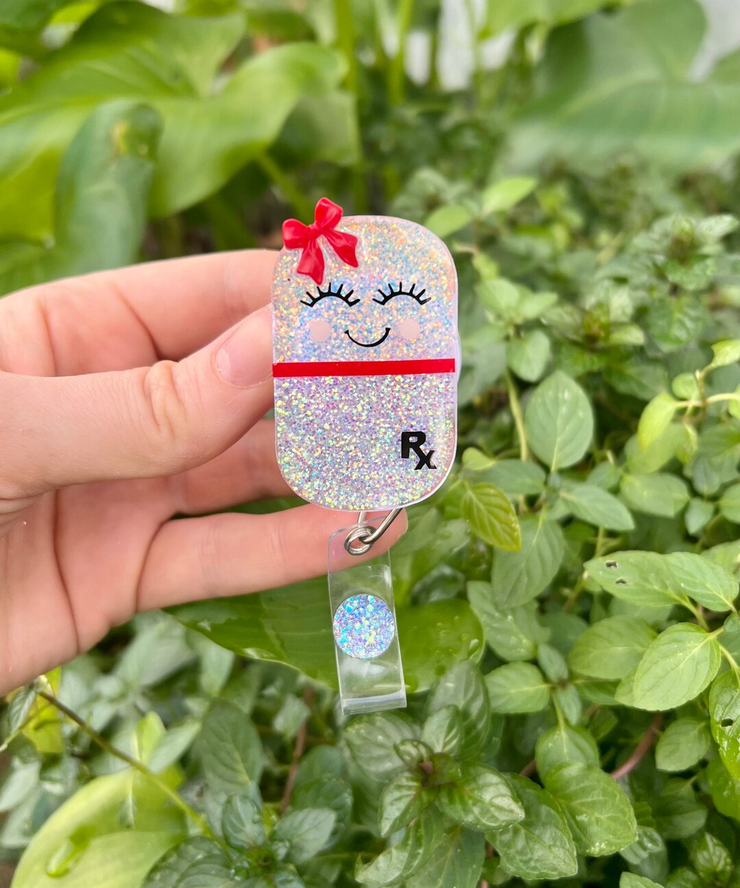 Light Blue and White Happy Pill Badge Reel, Blue White Red Glitter ...