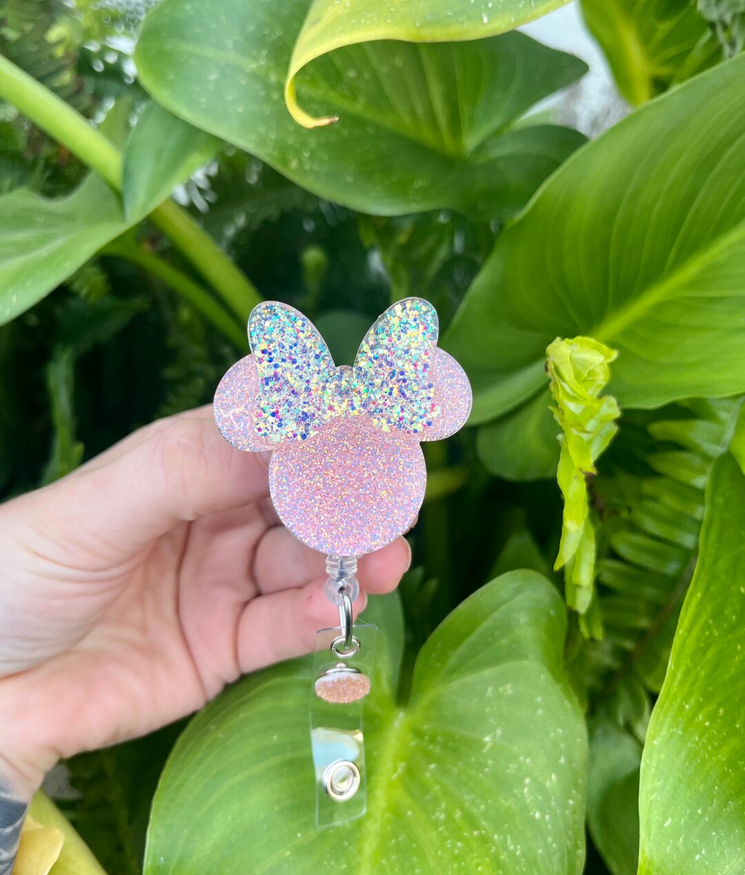 Light Pink and Opal Mouse Head Badge Reel, Pink Glitter Badge Reel ...