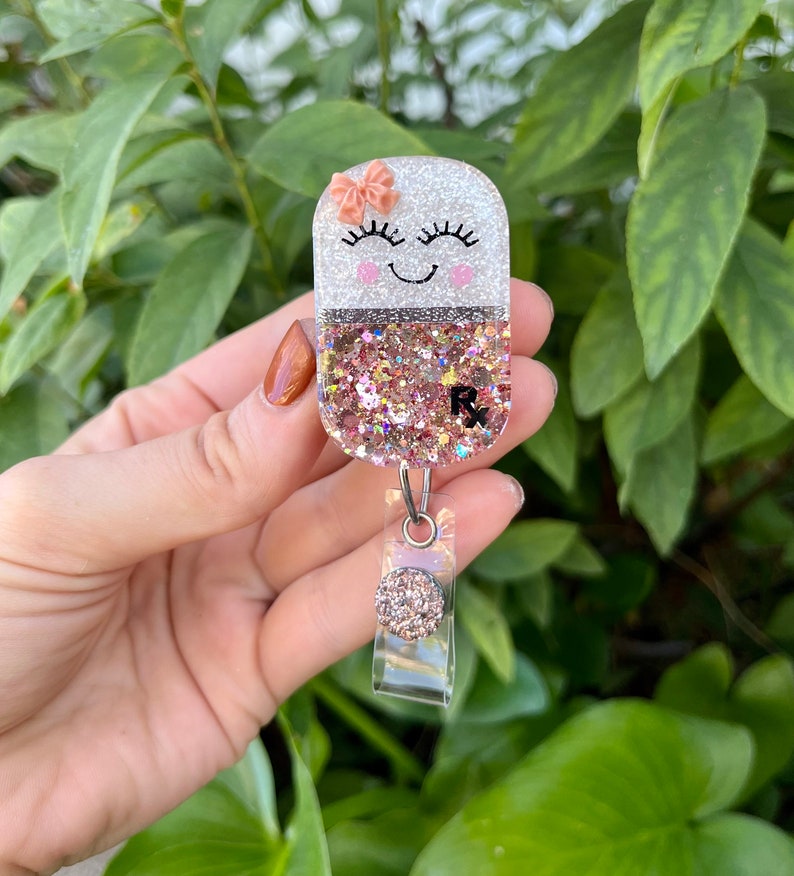 Rose Gold Happy Pill Badge Reel, Pink Glitter Nurse Badge Reel ...