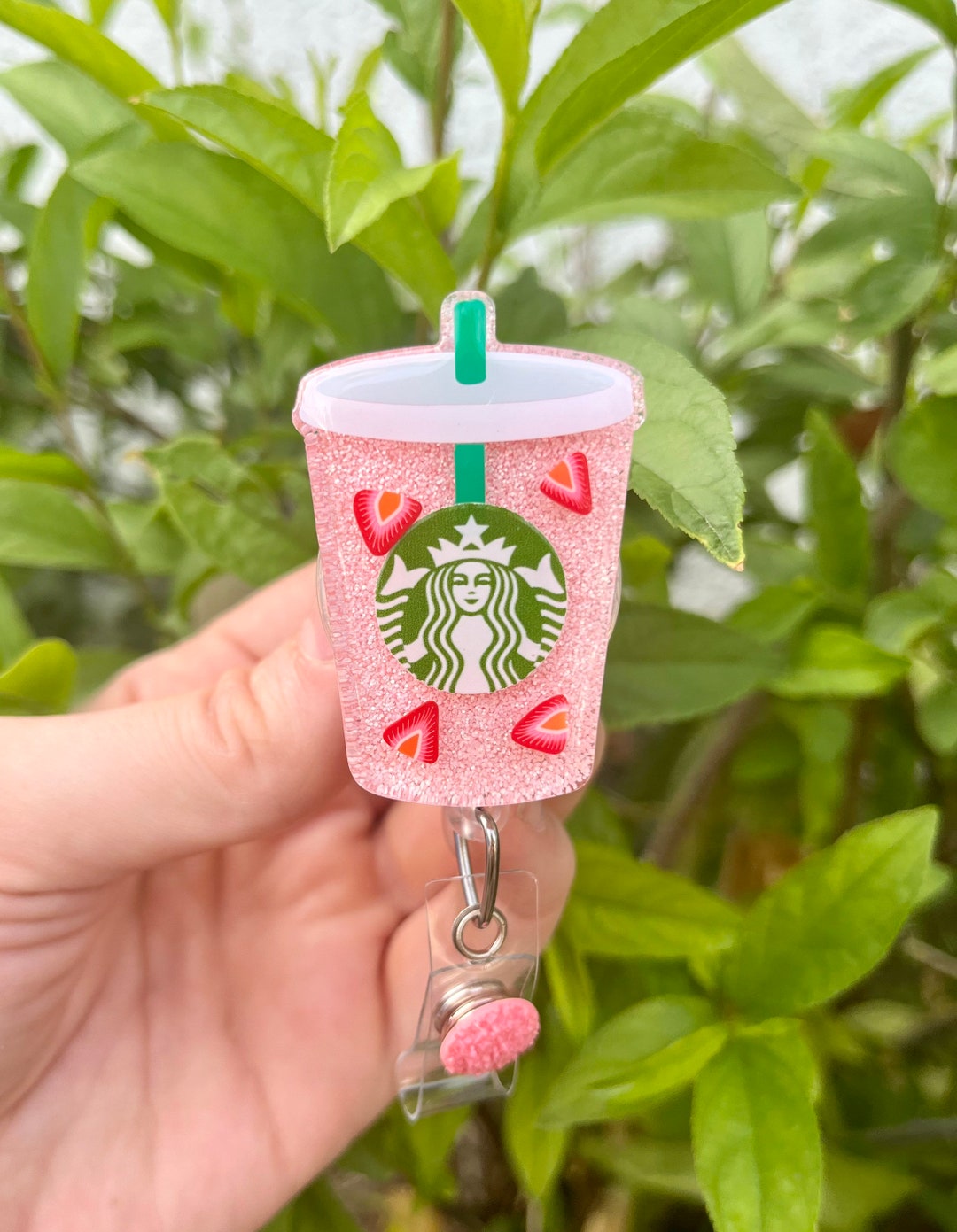 Iced Strawberry Pink Drink Badge Reel, Glitter Badge Reel, Badge Reel ...