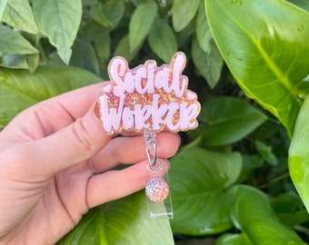 Pink Social Worker Custom Badge Reel, Badge Reel Social Work Badge Reel ...