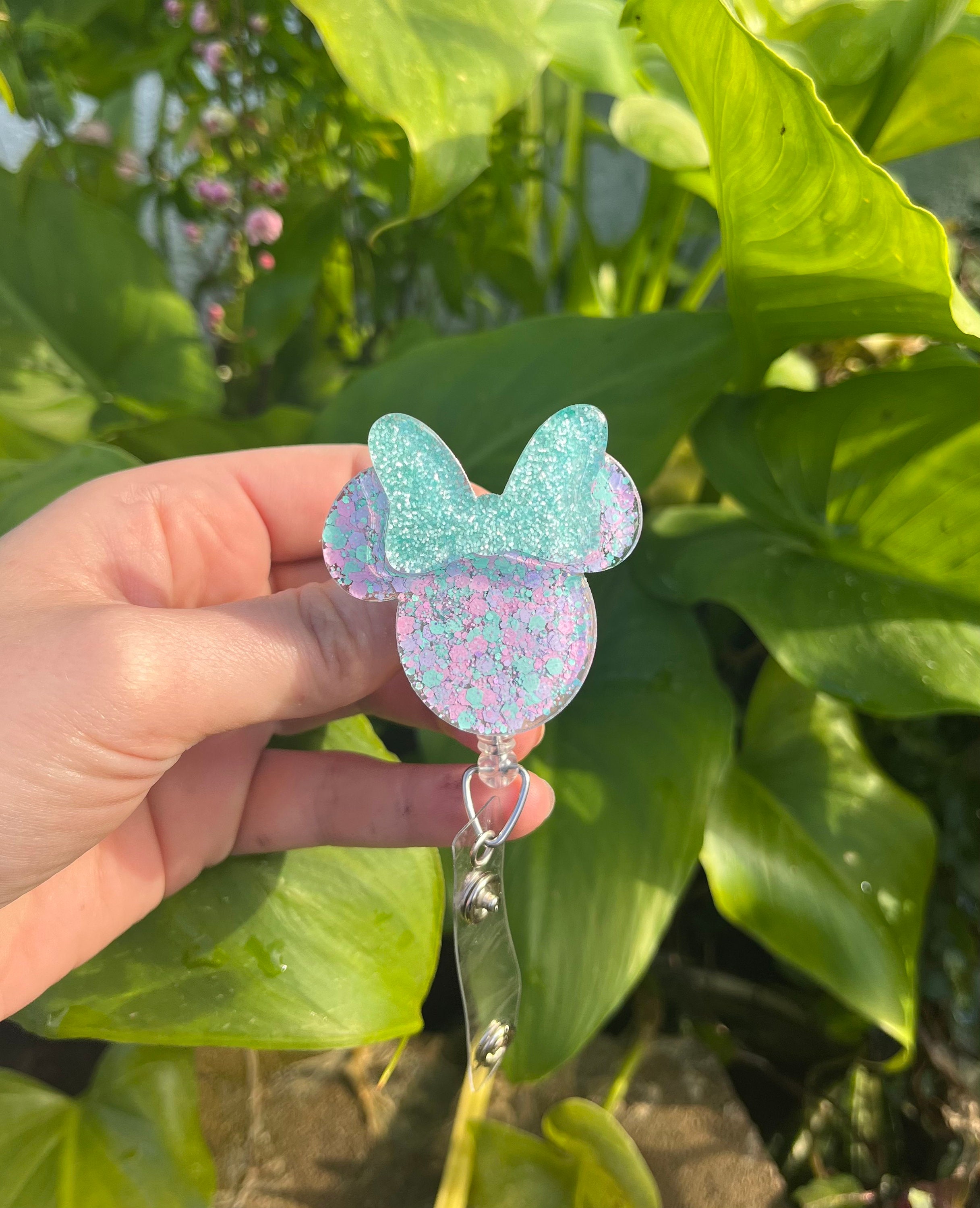 Pastel Confetti Glitter Mouse Head Badge Reel,turquoise Glitter Badge ...