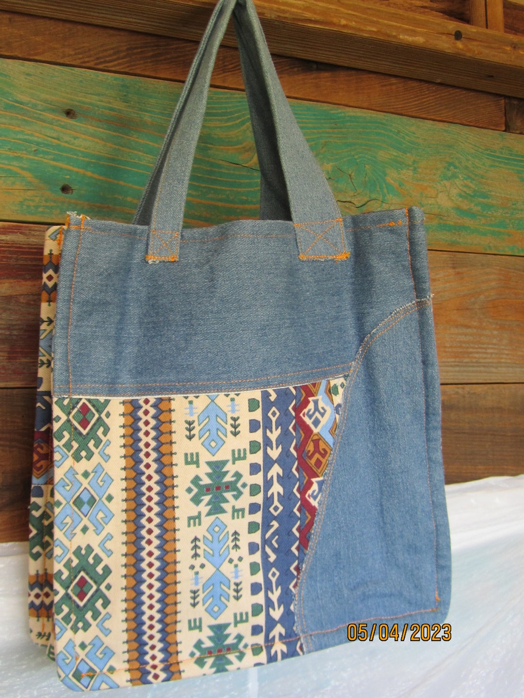 Denim and Indigenous Themed Canvas Bag Made in the USA Denim - Etsy