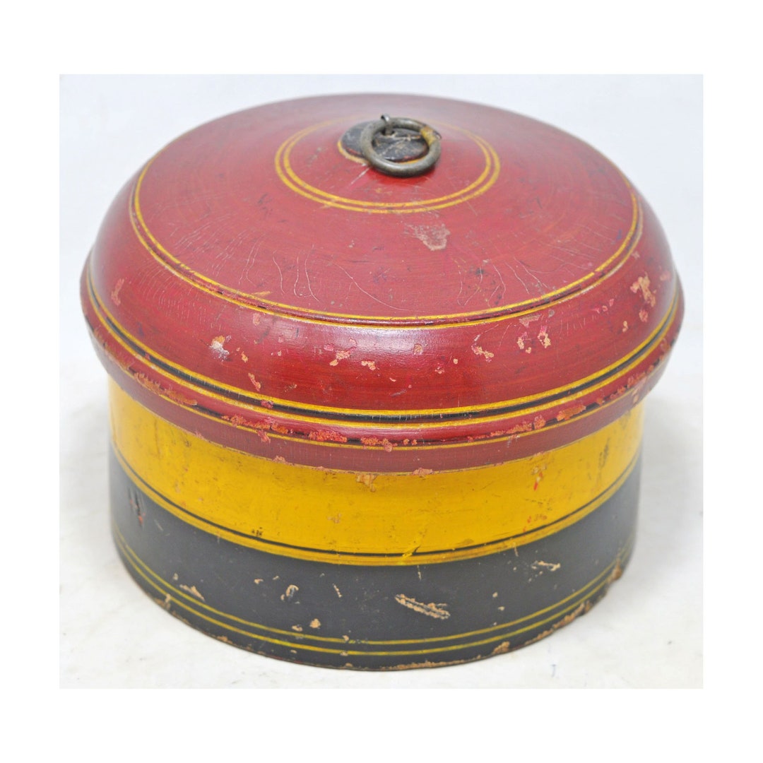 Antique Wooden Big Round Box Original Old Hand Carved Lacquer Painted ...