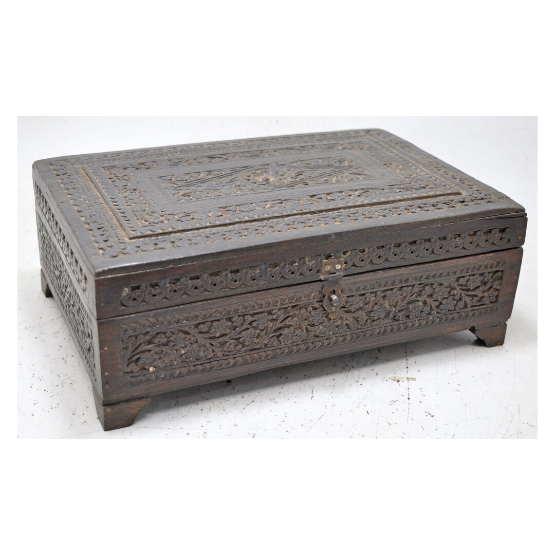 Antique Wooden Storage Chest Box Original Old Hand Crafted Fine Floral ...