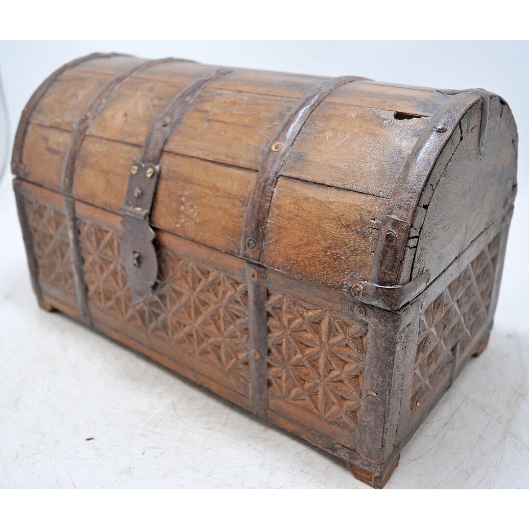 Vintage Wooden Half Round Top Storage Chest Box Original Old Hand ...