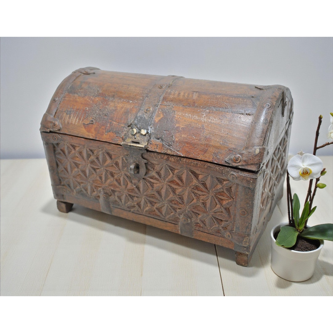 Vintage Wooden Half Round Top Storage Box Original Old Hand Carved - Etsy