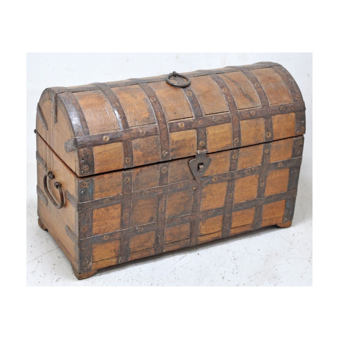 Vintage Wooden Half Round Storage Box Original Old Hand Crafted Metal ...