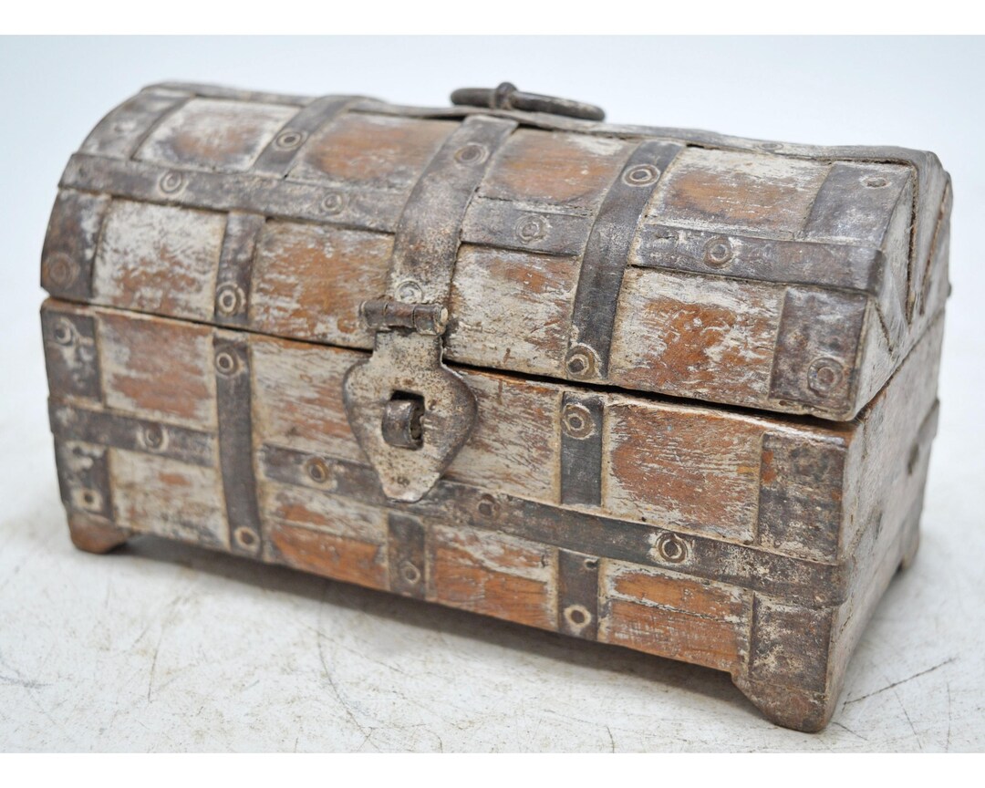 Vintage Wooden Half Round Top Storage Box Original Old Metal Fitted ...