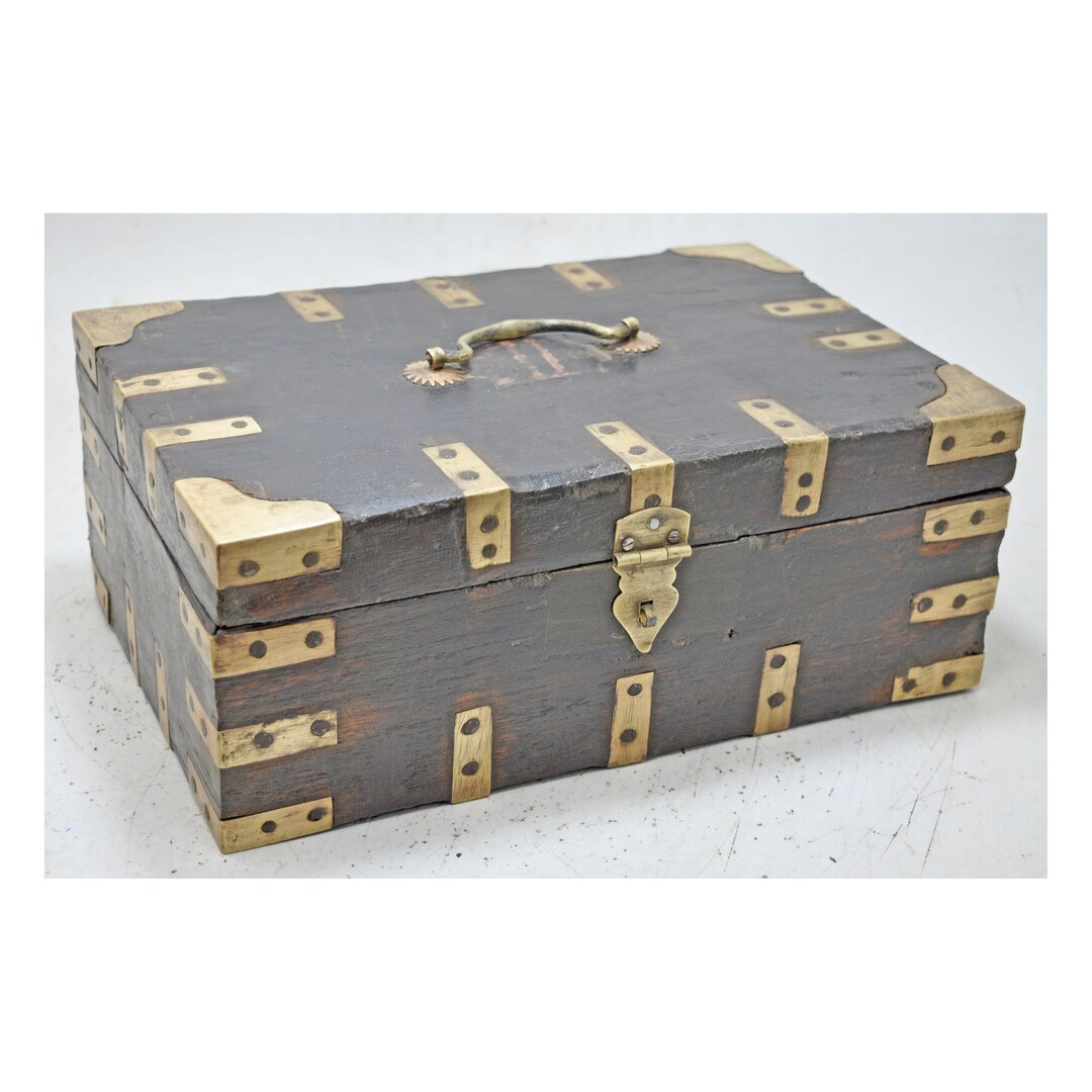 Antique Wooden Storage Chest Box Original Old Hand Crafted Fine Brass ...