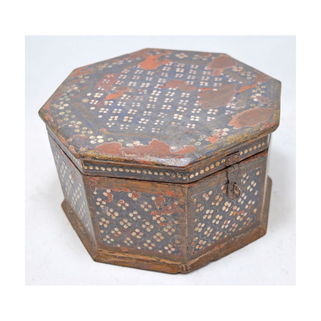 Vintage Octagonal Wooden Storage Box Original Old Hand Crafted Floral ...