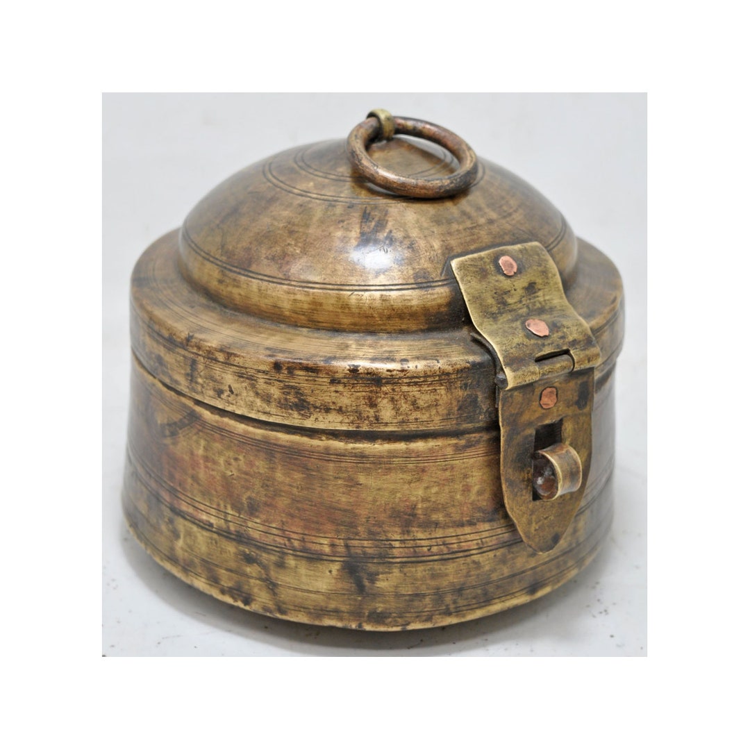 Antique Brass Round Food Storage Box Original Old Hand Crafted Engraved ...