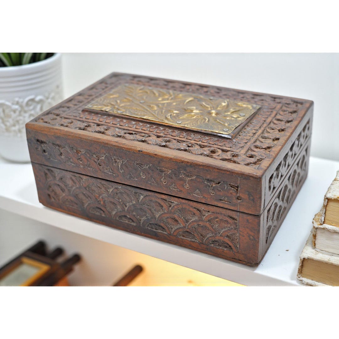 Vintage Wooden Small Storage Box Original Old Hand Carved Metal Fitted ...