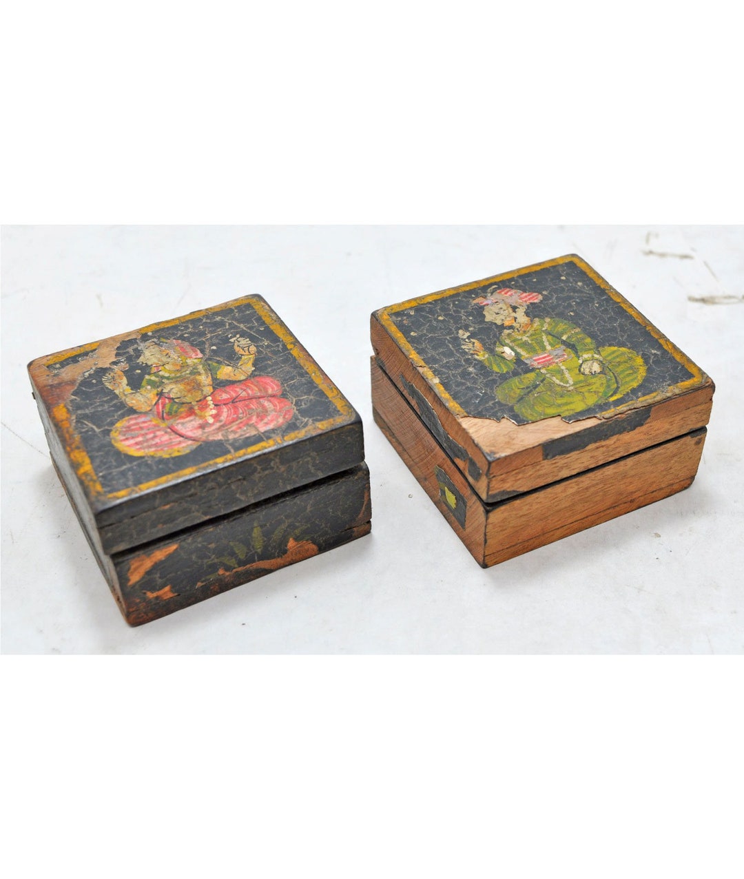 Vintage Set of 2 Wooden Small Boxes Original Old Hand Crafted Painted ...