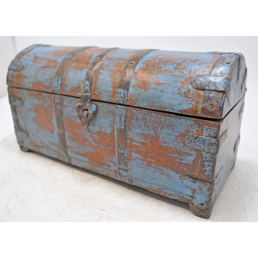 Vintage Wooden Half Round Top Storage Box Original Old Metal Fitted ...