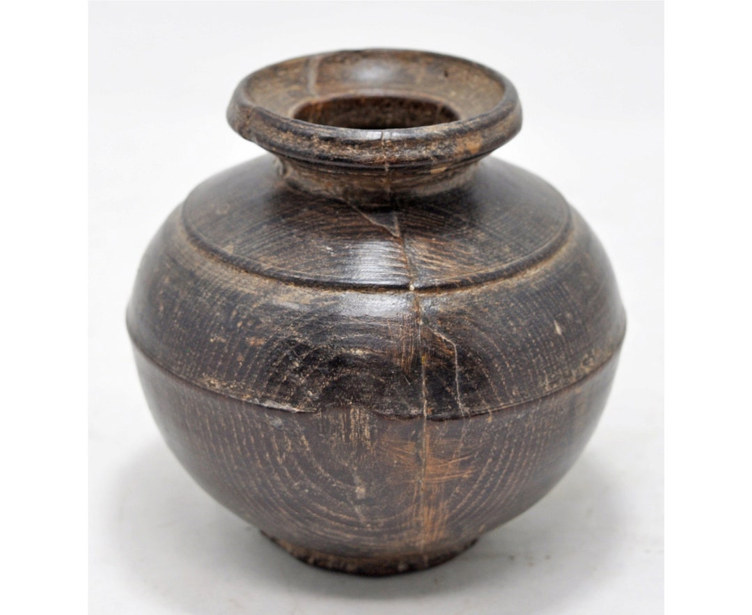 Antique Wooden Round Water Drinking Pot Lota Original Old Hand Carved ...
