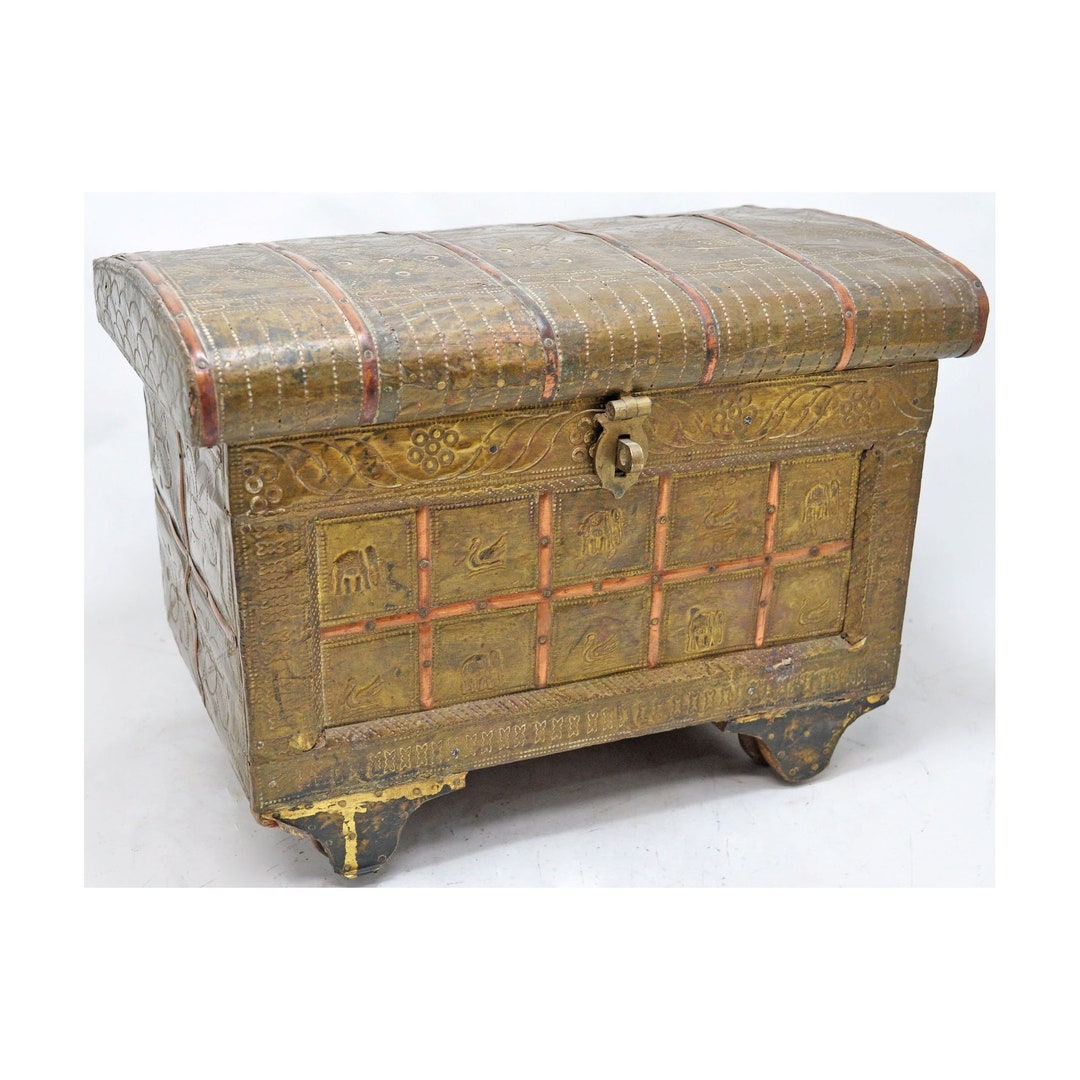 Vintage Wooden Jewellery Vanity Box Original Hand Carved Brass Fitted ...