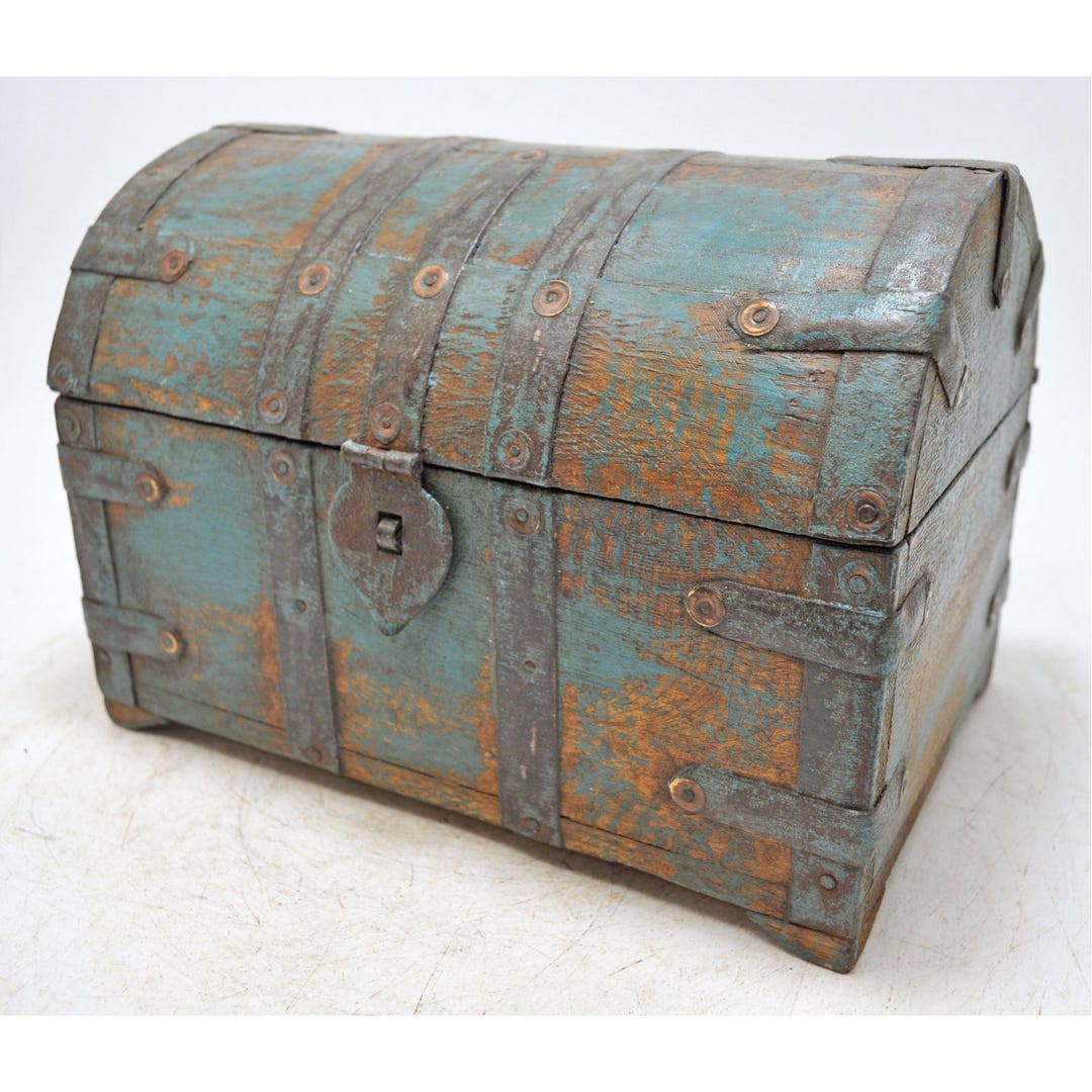 Vintage Wooden Half Round Top Storage Box Original Old Metal Fitted ...