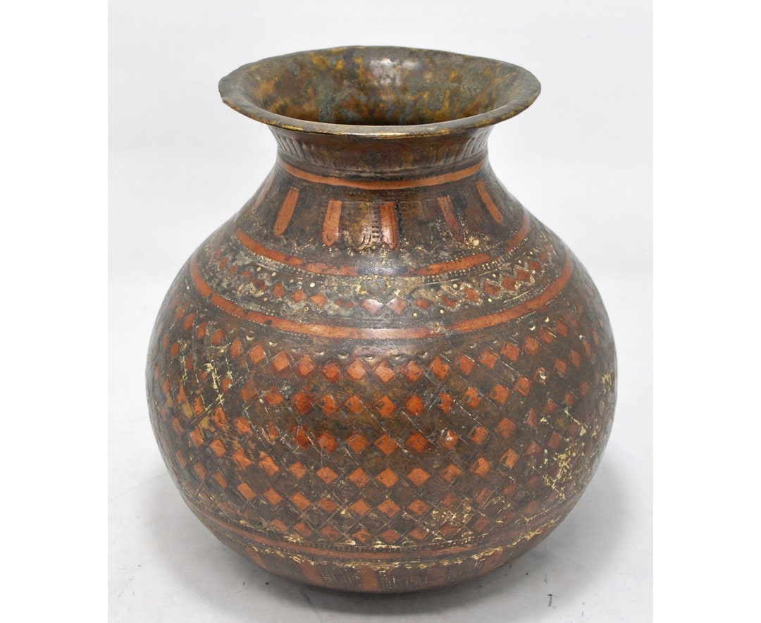 Antique Brass Copper Inlay Lota Water Pot Original Old Engraved ...