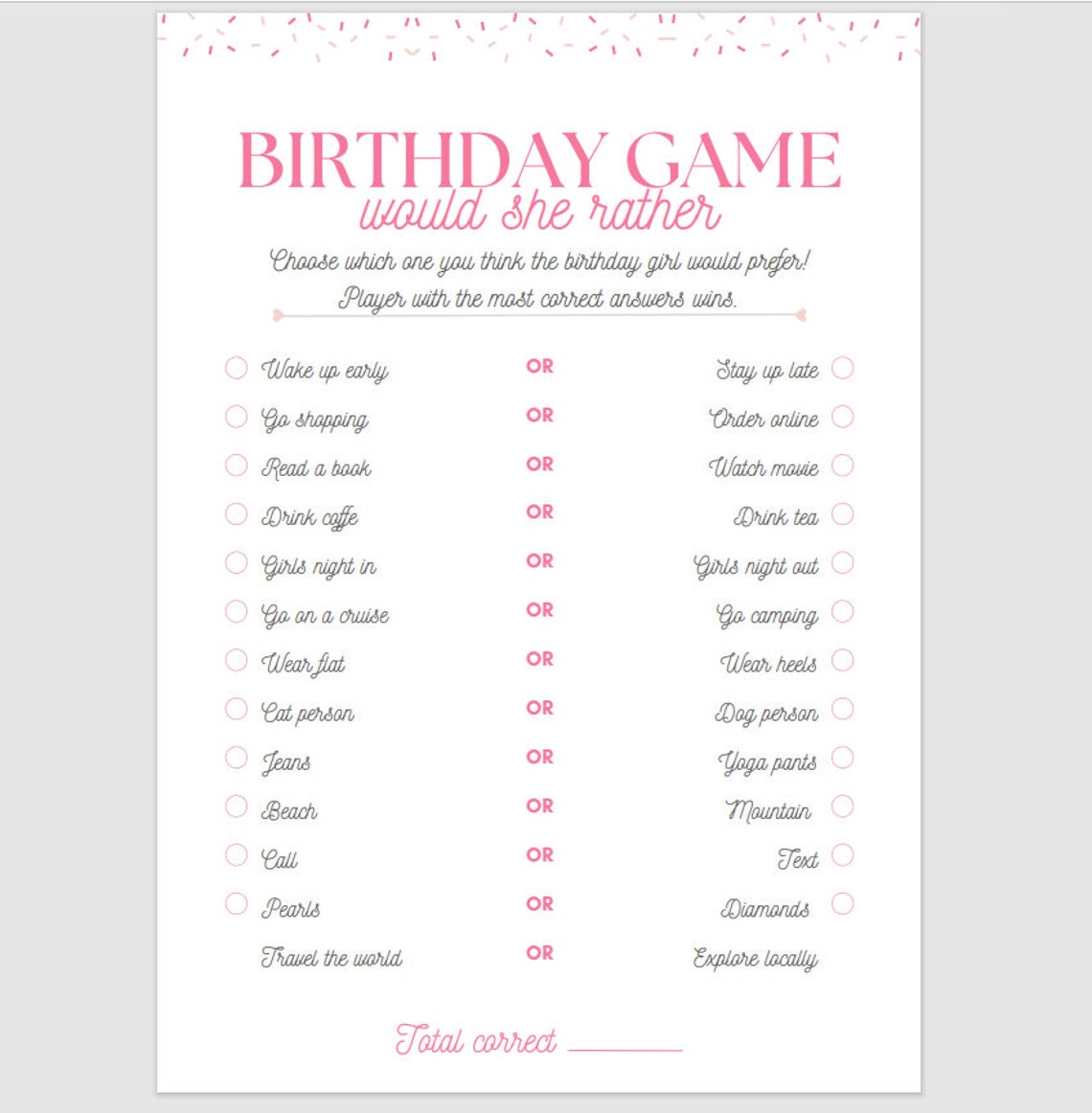 Birthday Would She Rather Game - Digital Download - Printable - Etsy