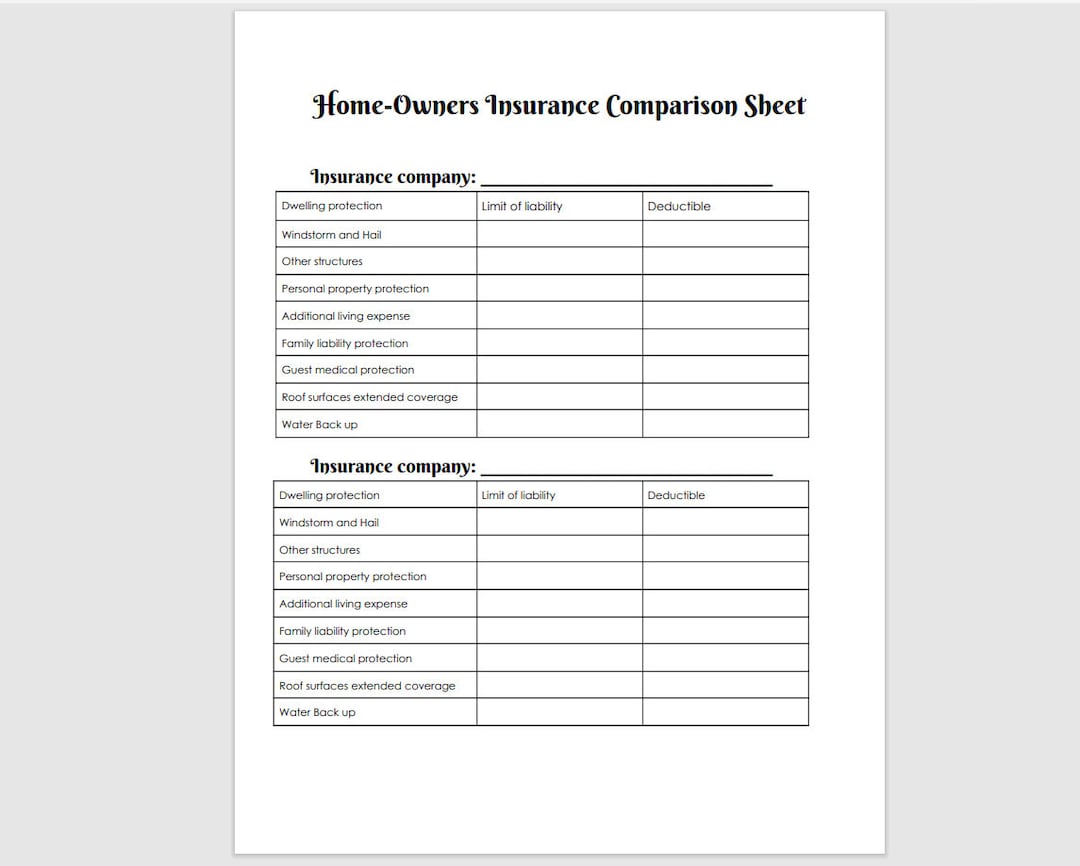 Home Insurance Comparison Sheet Digital Download Printable - Etsy
