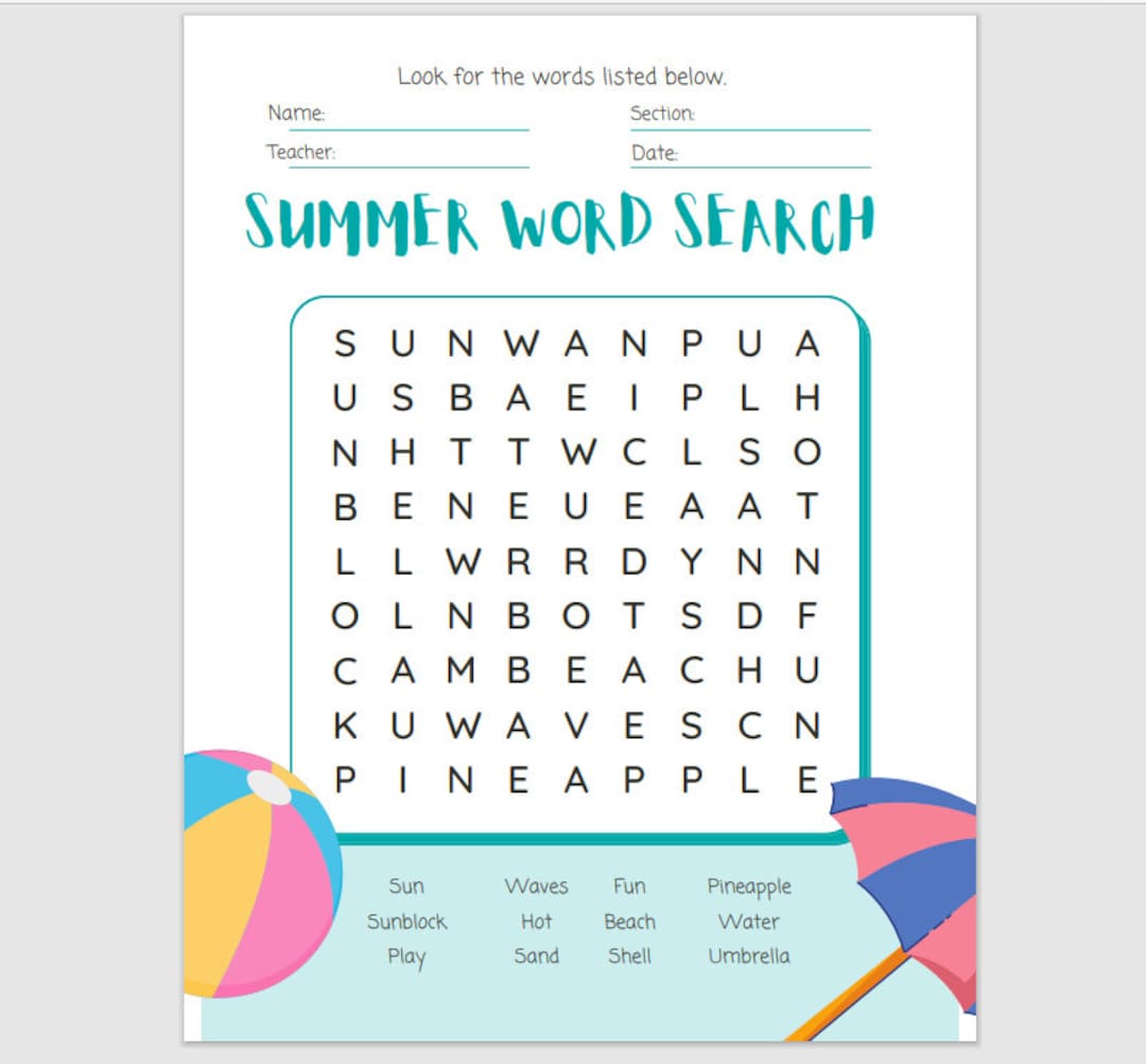 Summer Word Search Worksheet - Digital Download - Printable - Etsy