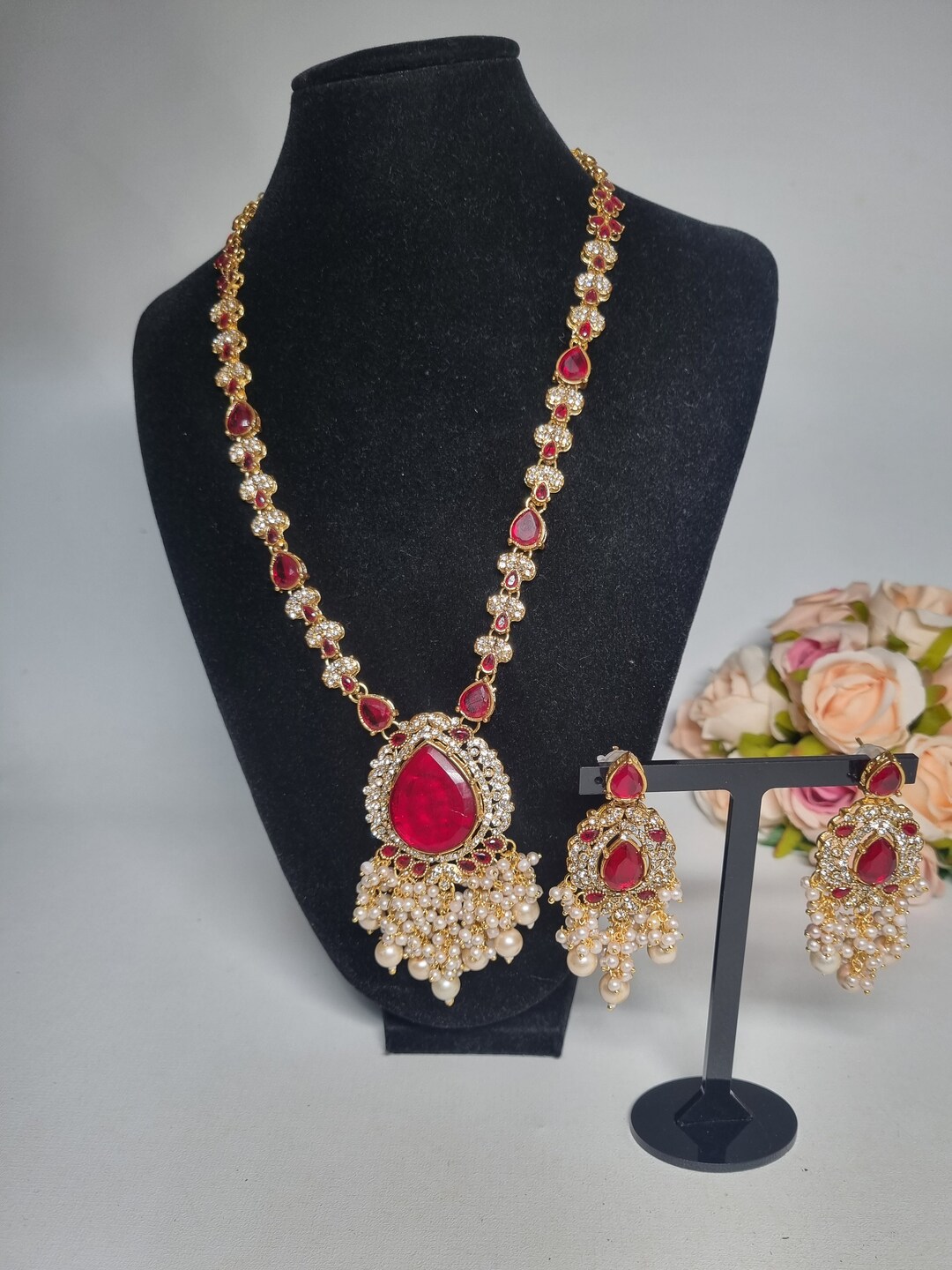 Indian Pakistani 2 Piece Gold Mala Set With Red Stones and Gajra Pearls ...