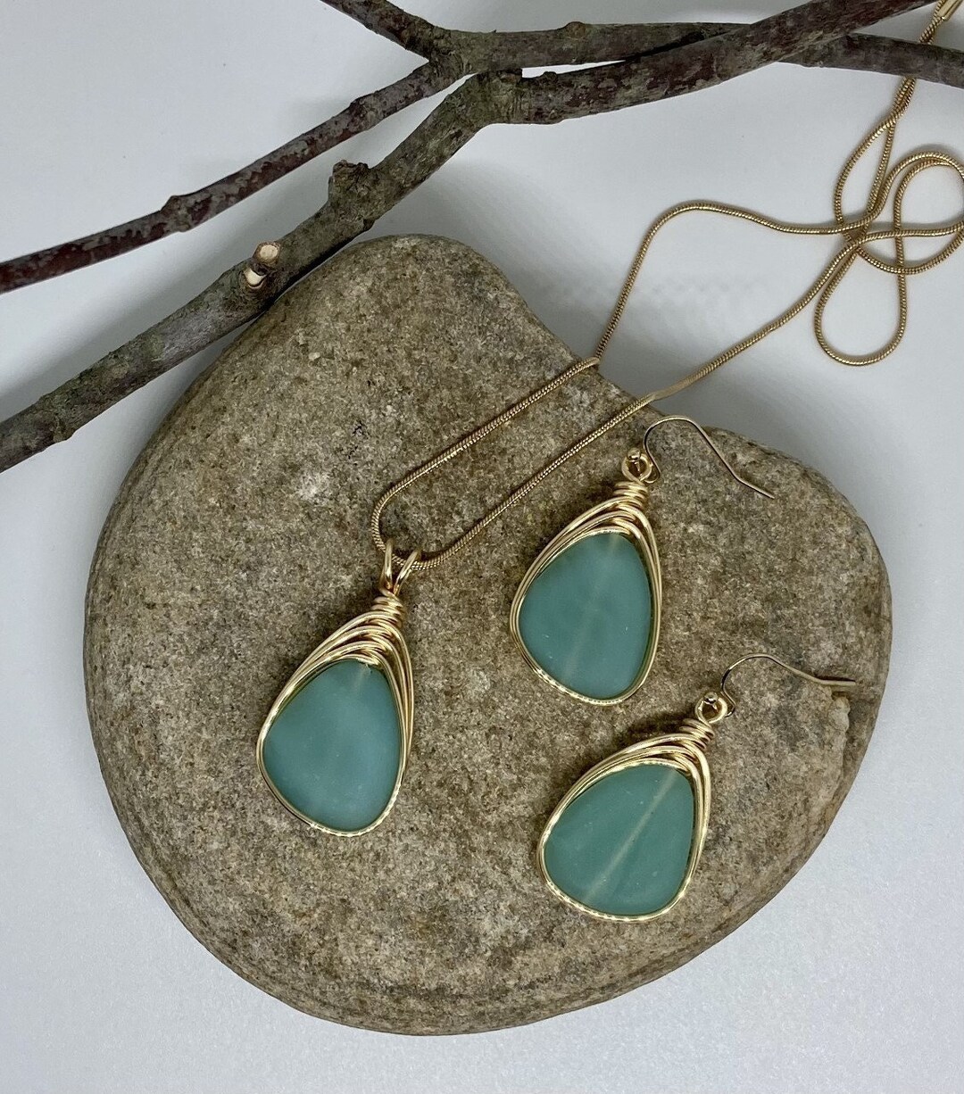 Sea Foam Green Sea Glass Jewelry Set, Gold Plated Necklace and Earrings ...