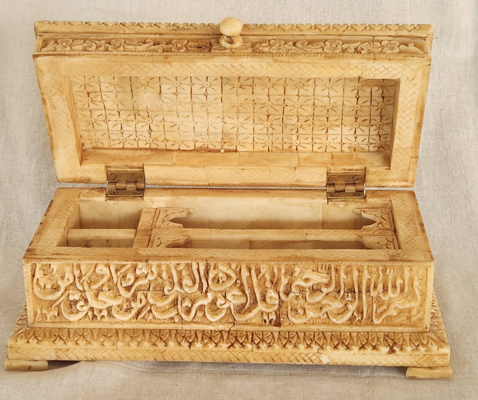 Rare Islamic Mughal Handmade Camel Bone Qalamdan With Quran Calligraphy ...