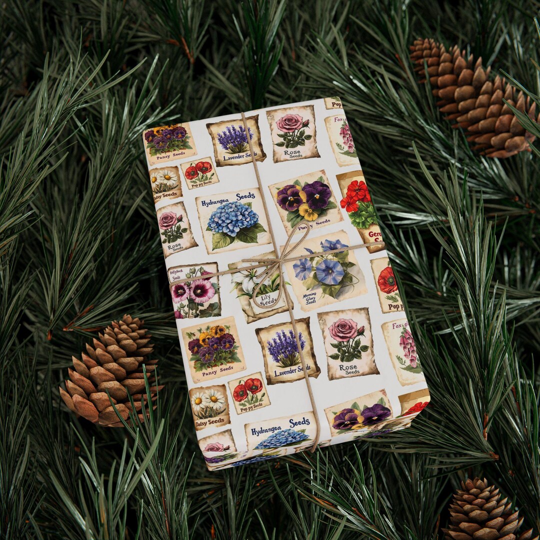 Vintage Seed Packet Wrapping Paper, Floral Gift Wrap With Botanical ...