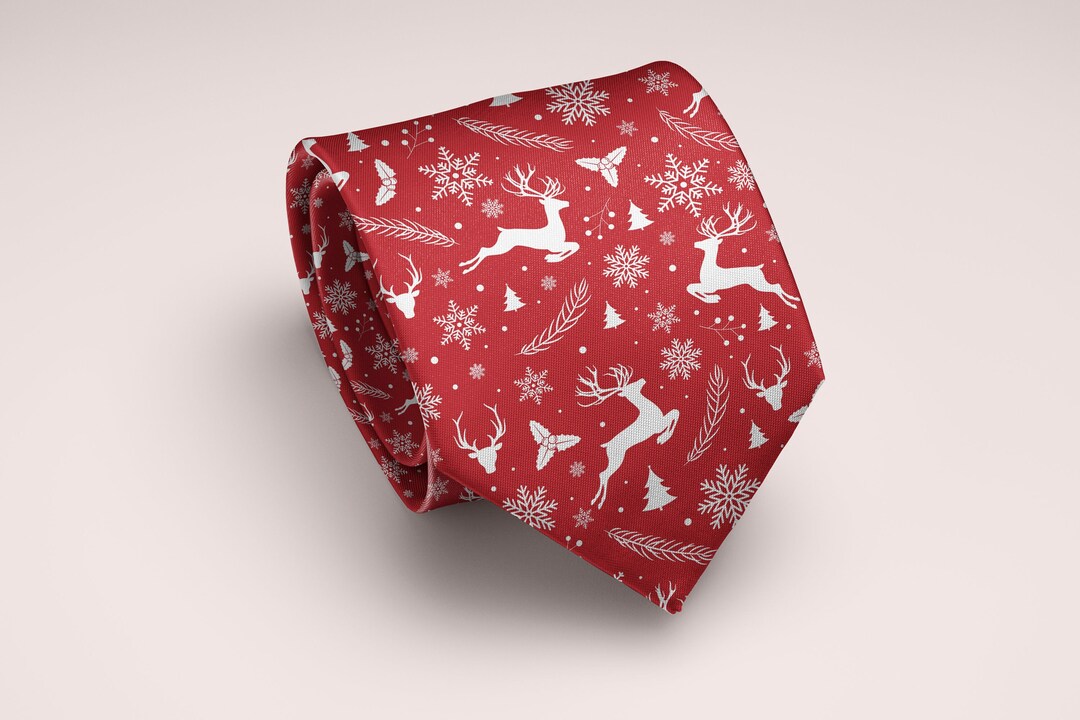 Christmas Tie Necktie With Reindeer Candy Canes Holly and Snowflakes ...