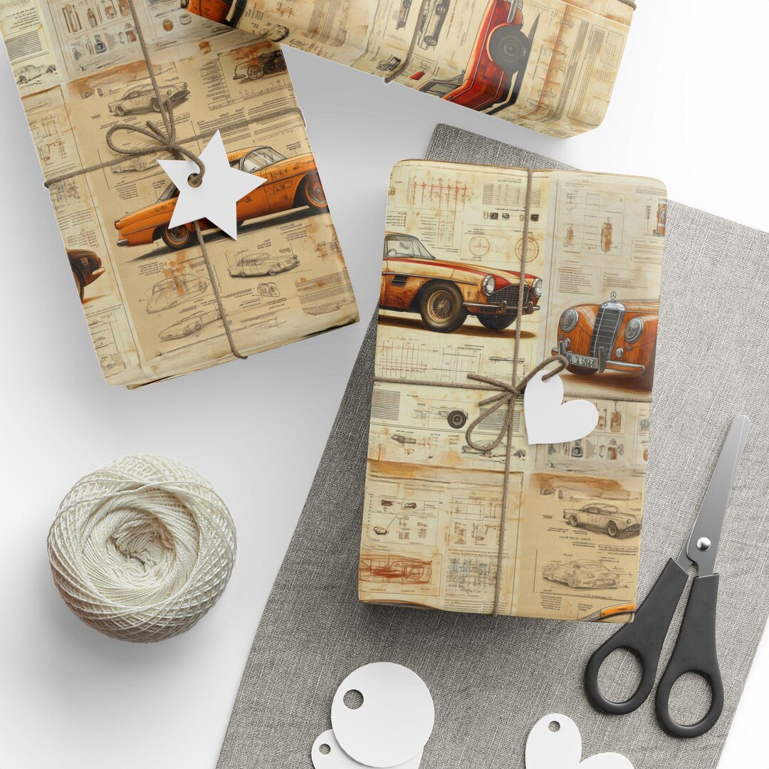 Vintage Car Wrapping Paper, Classic Car Gift Wrap for Him, Antique Auto ...