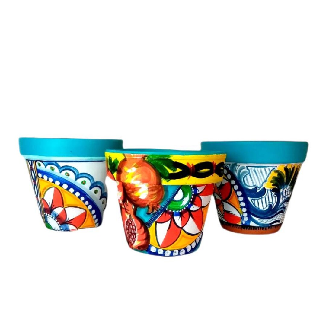 Planters, 3 Hand-painted Terracotta Vases, Lemons, Prickly Pears ...