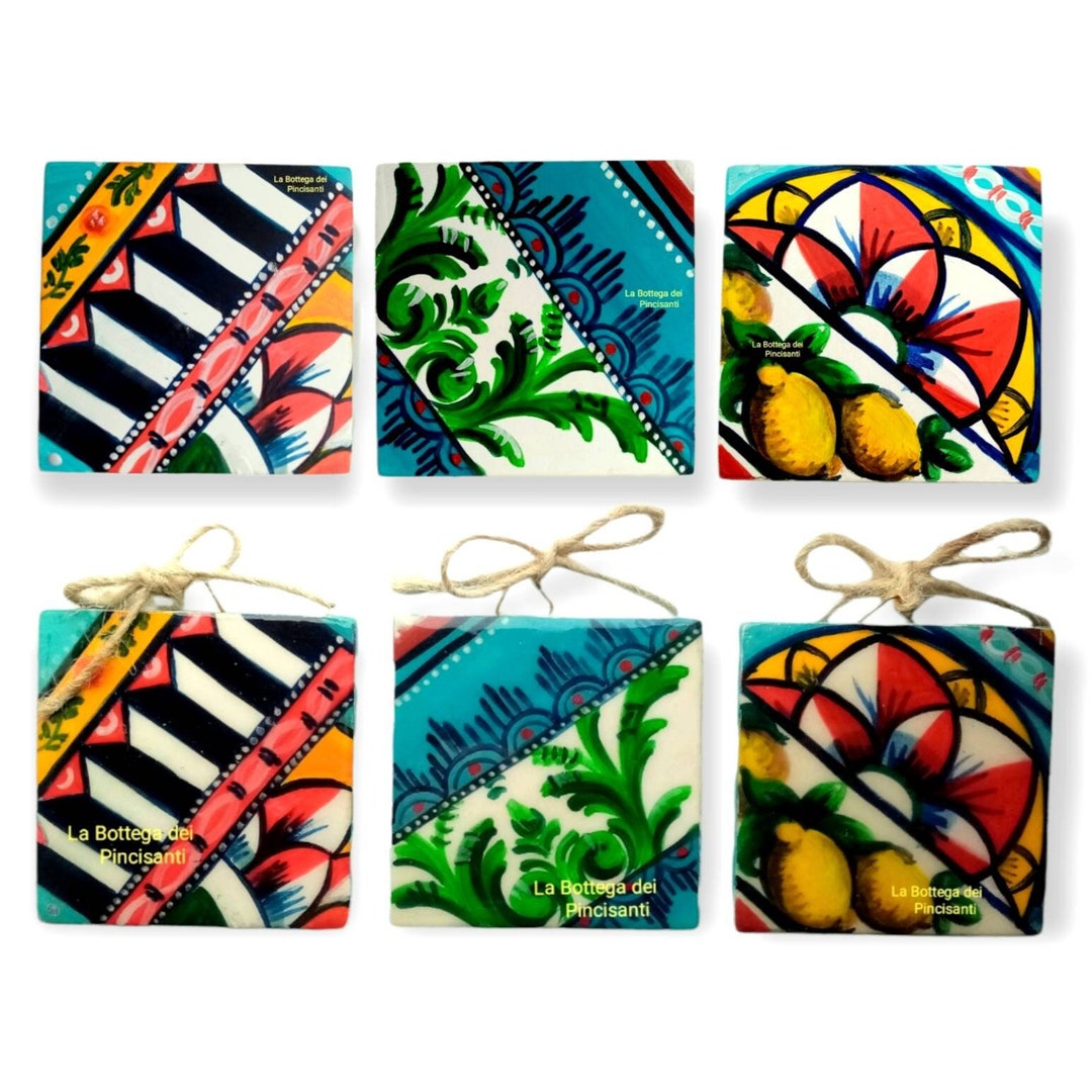 03 Hand-painted Wooden Tiles With Typical Sicilian Designs 8x8 Cm - Etsy