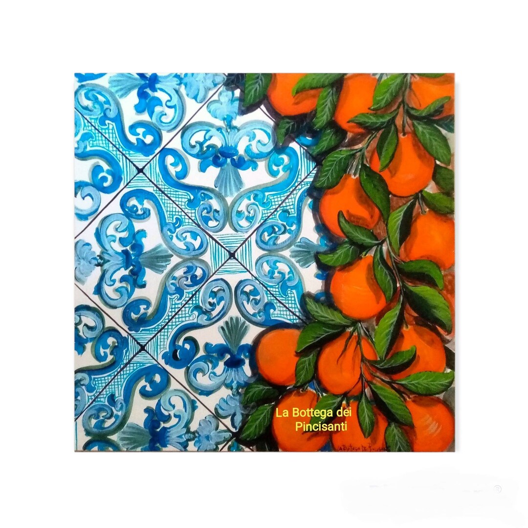 Plate / Picture With Oranges and Majolica Hand Painted on Wood With ...