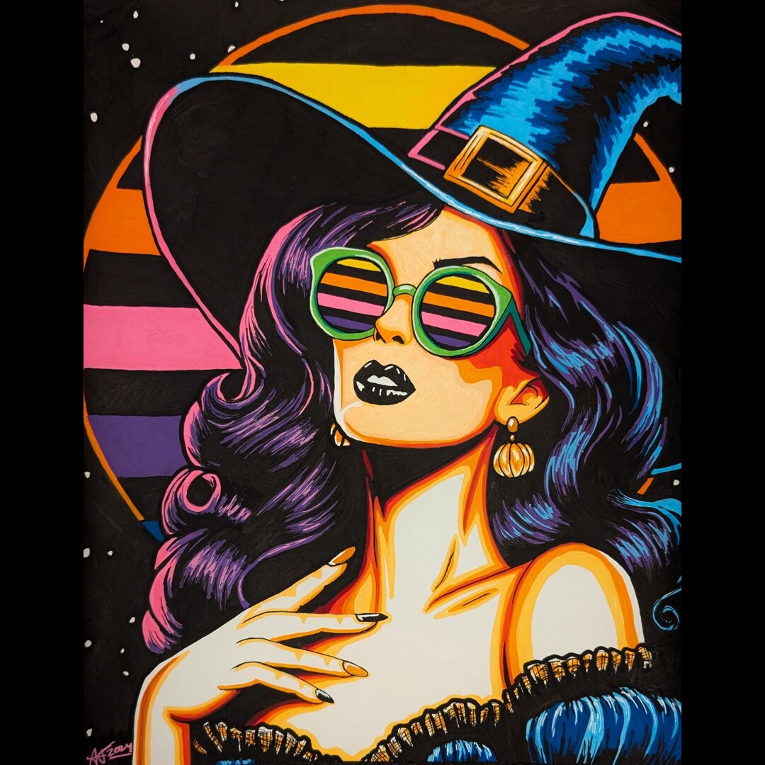 80s Witch Retro Pinup Art Print | Neon Halloween Illustration | Vintage ...