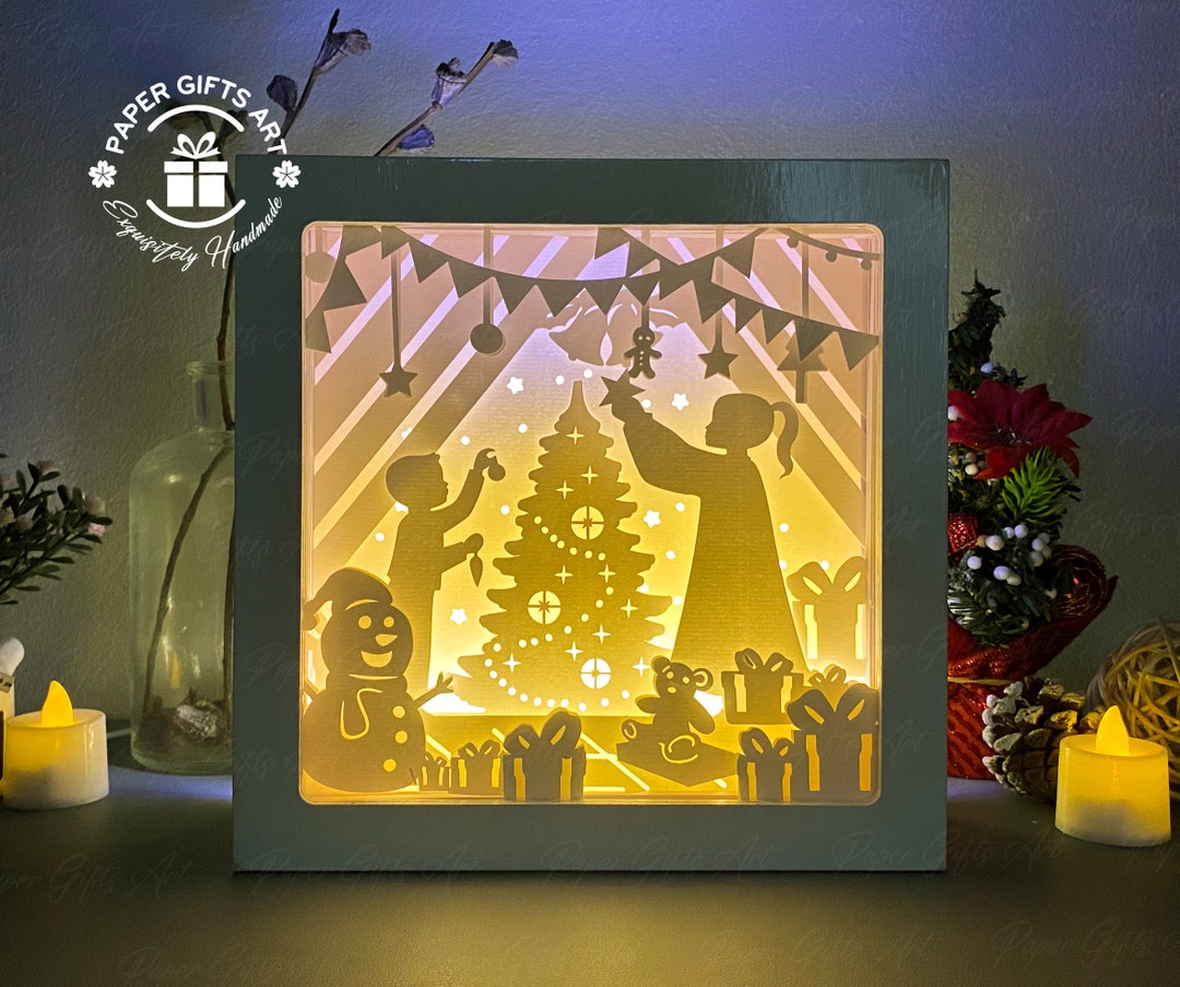 Children Decorate the Pine Tree Shadow Box - Merry Christmas Card - 3D ...