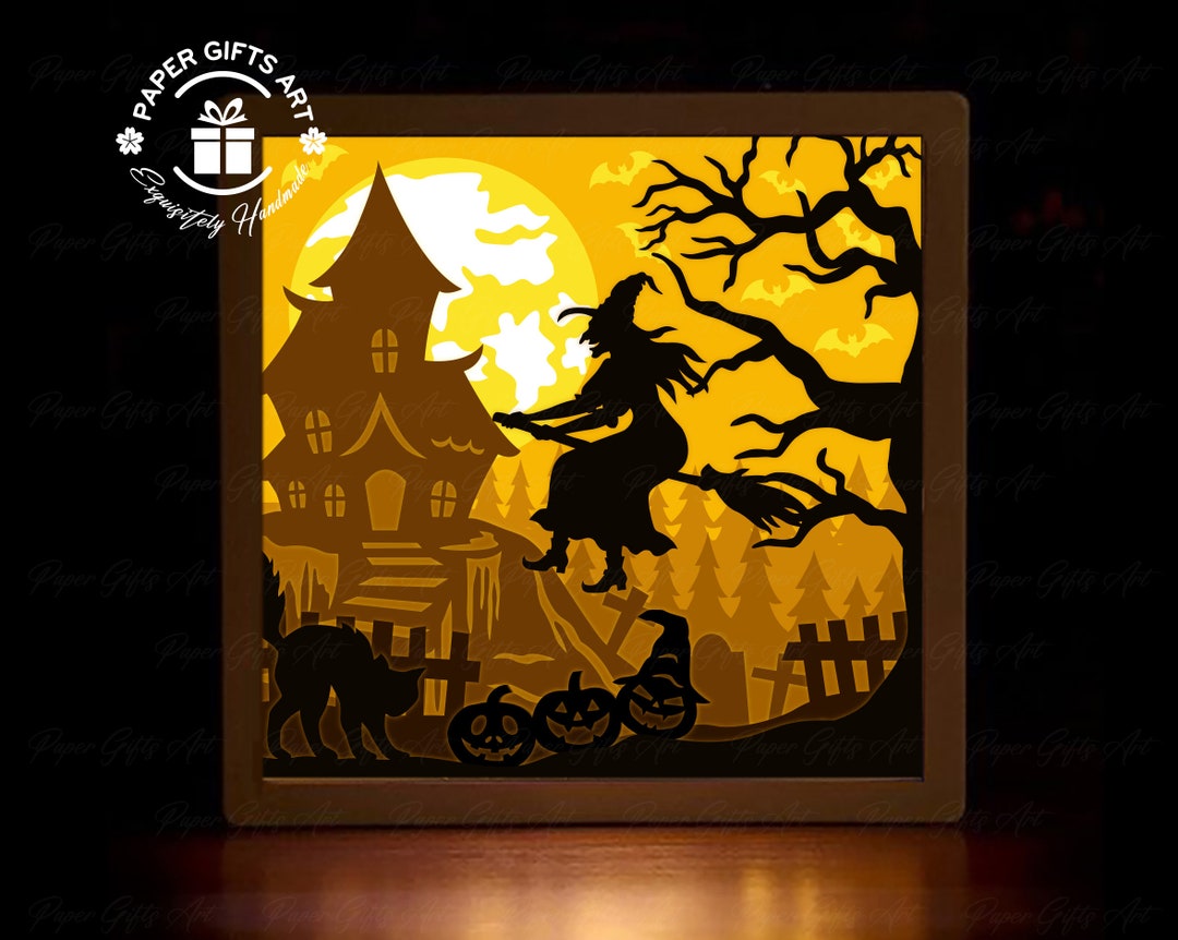 Halloween Witch Riding Broom,paper Cut Light Box,cat Witch Paper Cut ...