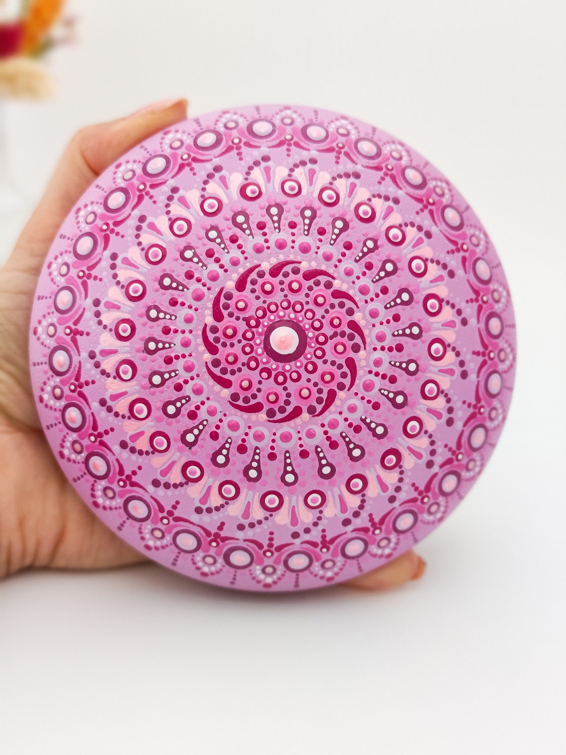 Orchid Pink Mandala Stone, Acrylic Mandala Decor for Table, Dotting Art ...