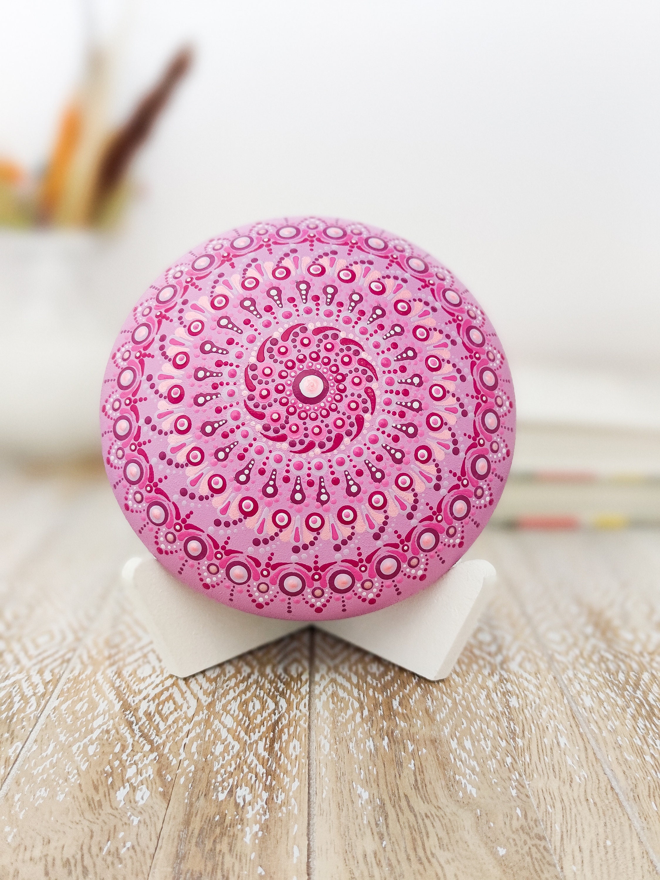 Orchid Pink Mandala Stone, Acrylic Mandala Decor for Table, Dotting Art ...