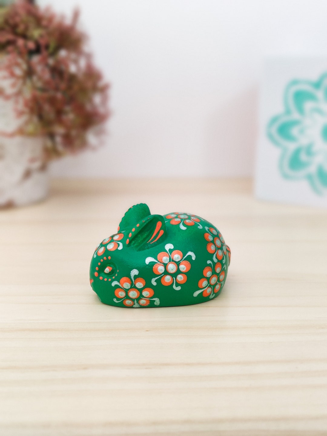 Handmade Green Rabbit Figurine, Small Animal Figurines, Floral Bunny ...