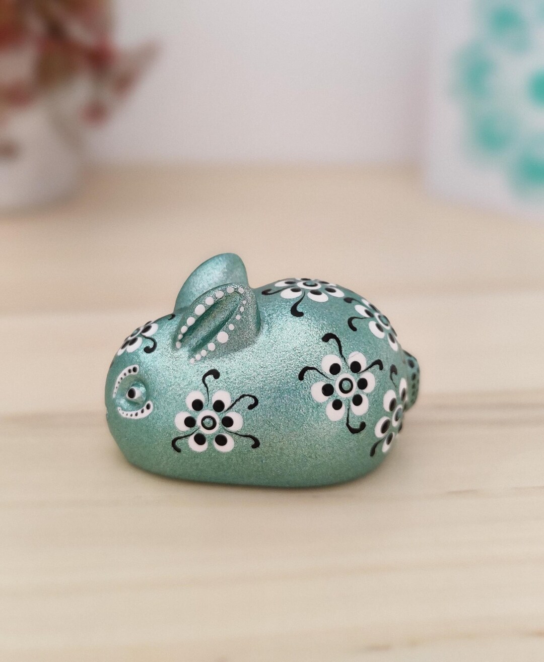 Handmade Green Bunny Figurine, Cute Rabbit Figure With Floral Design ...