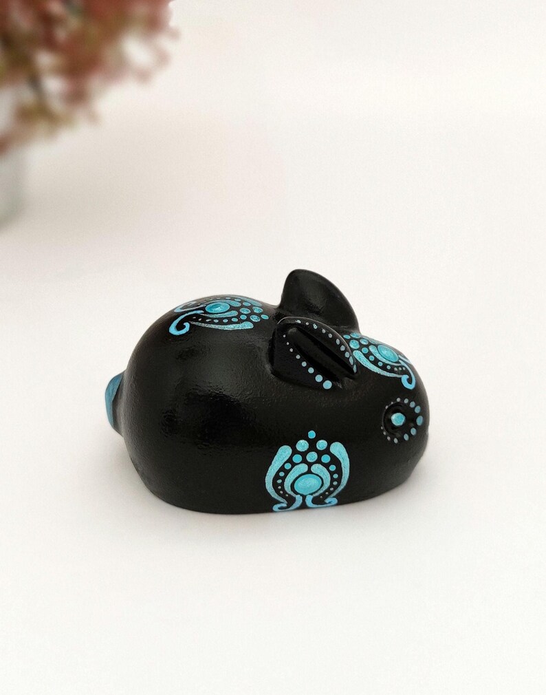 Handmade Black Rabbit Figurine: Collectible Ceramic Bunny With Blue ...